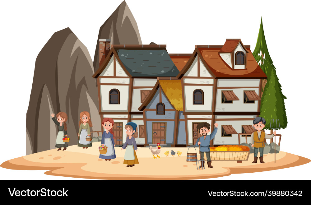 Ancient medieval village with villagers Royalty Free Vector