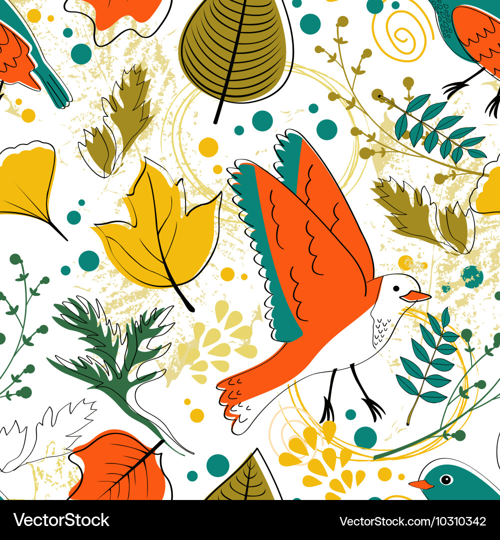 Autumn pattern with birds flowers and leaves Vector Image