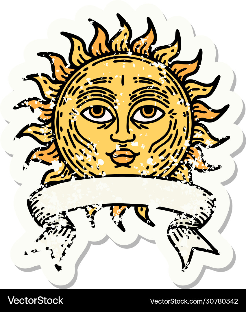 Grunge sticker with banner a sun face Royalty Free Vector
