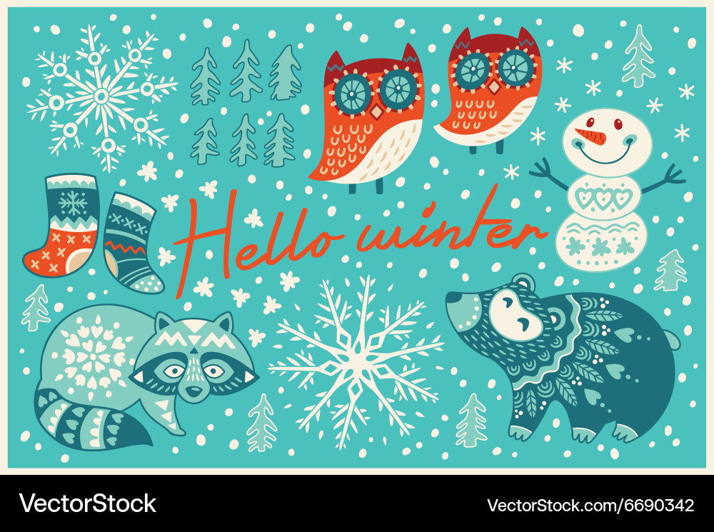 Hello winter card in cartoon style Royalty Free Vector Image