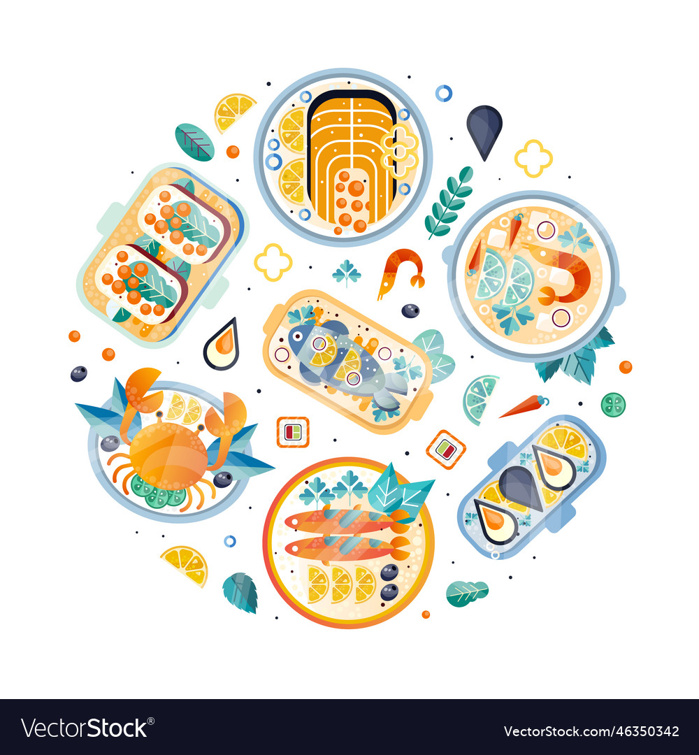 Seafood dish circle composition with fish and Vector Image