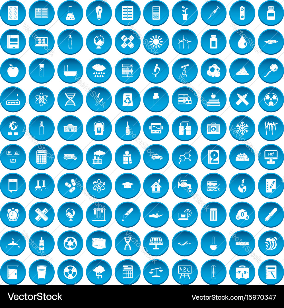 100 chemistry icons set blue Royalty Free Vector Image