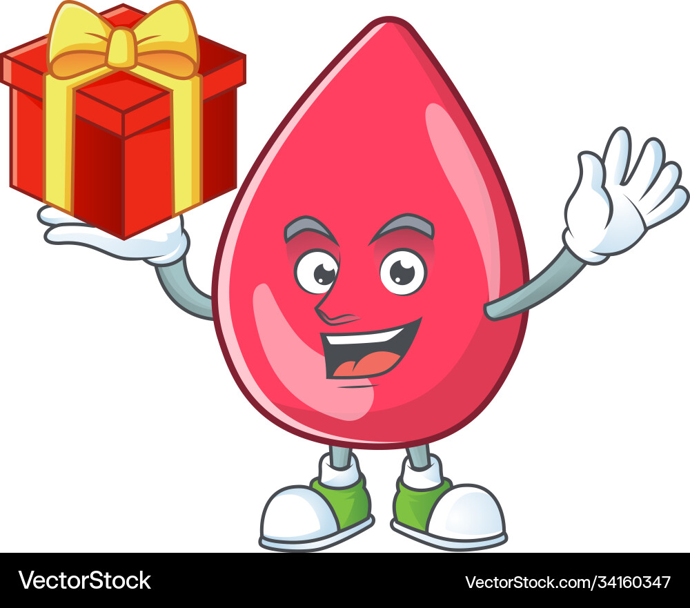 Charming red blood mascot has a box gift Vector Image