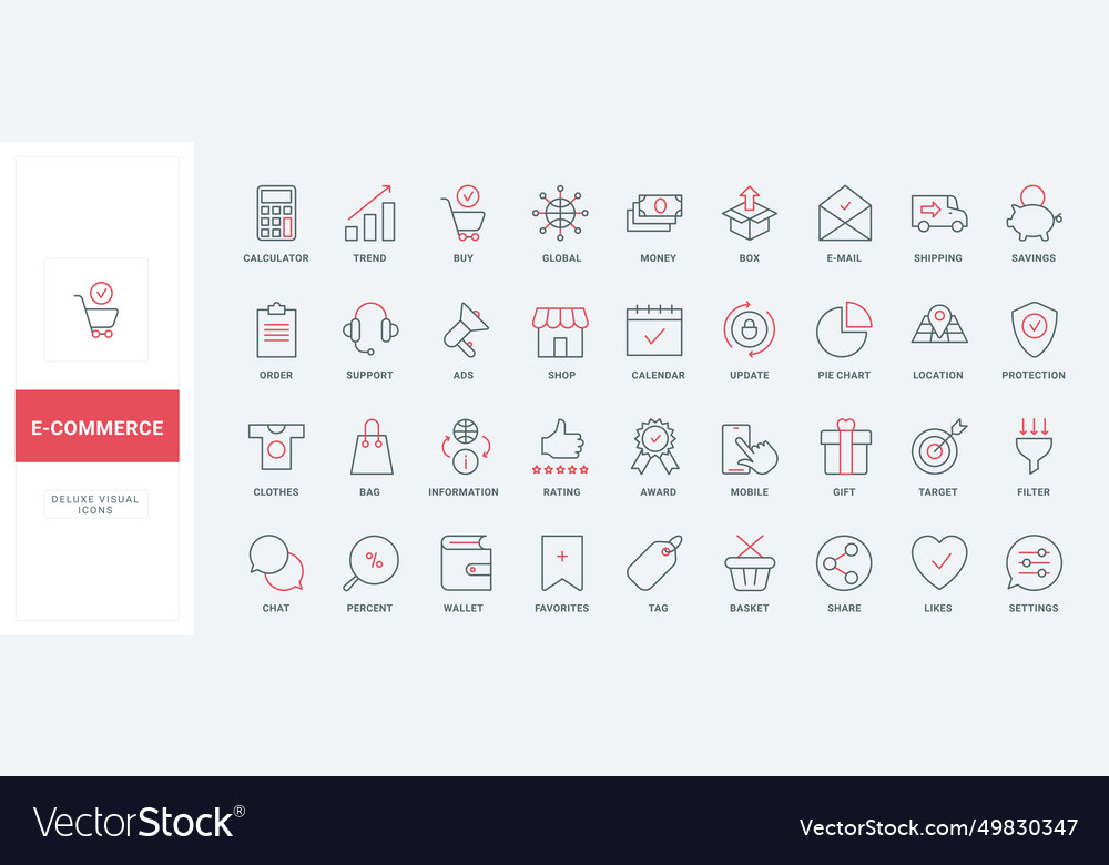 Ecommerce thin black and red line icons set shop Vector Image