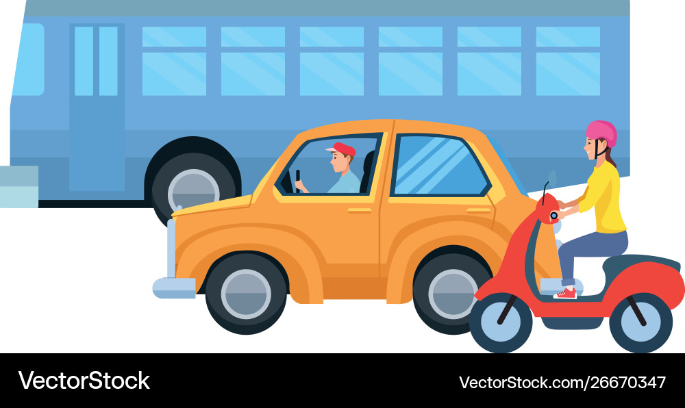 Vehicles and motorcycle with drivers riding Vector Image