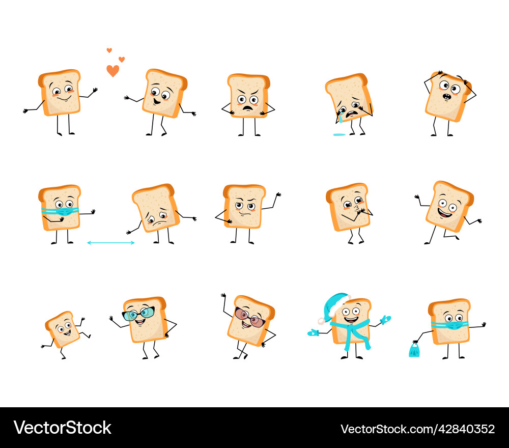 Cute bread character with happy or sad emotions Vector Image