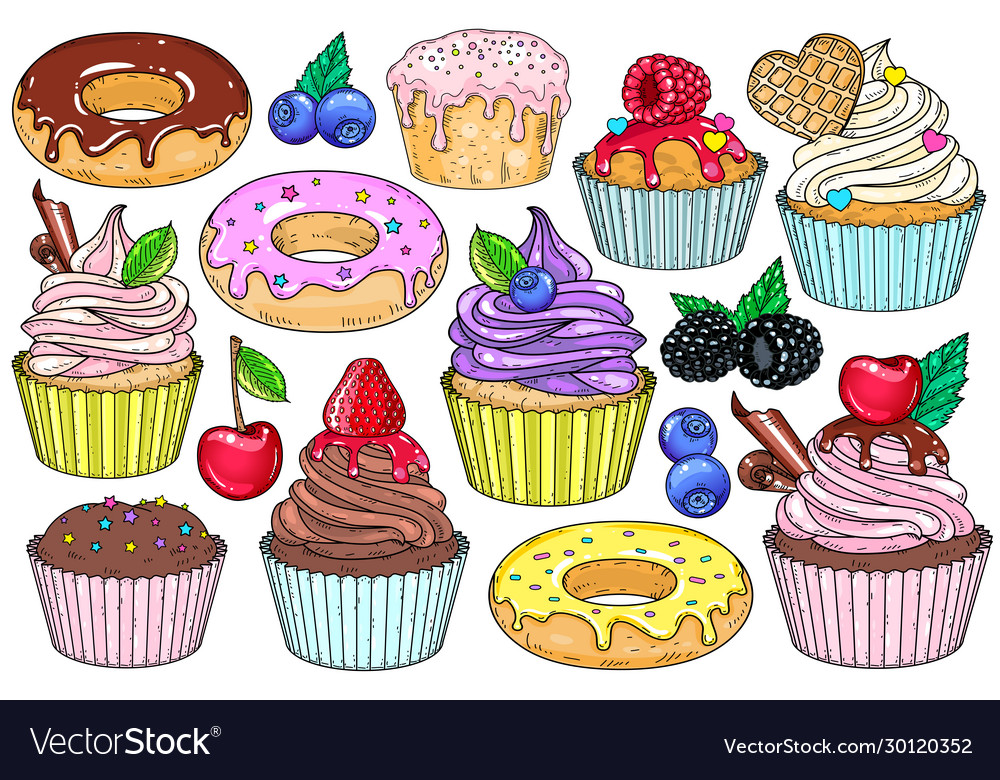 Set sweet desserts cakes Royalty Free Vector Image