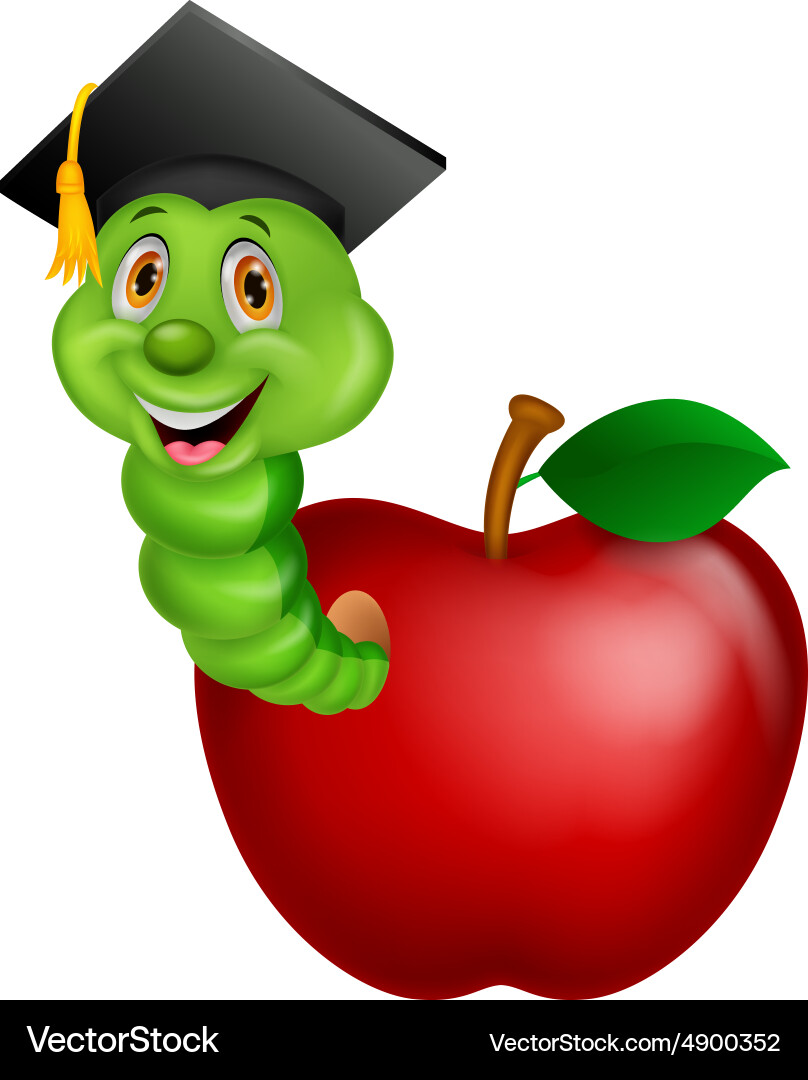 Worm wearing a graduation cap crawling out an a Vector Image