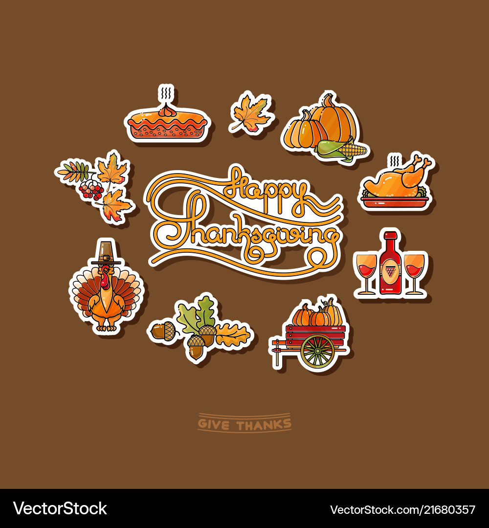 Happy thanksgiving stickers and handwritten Vector Image