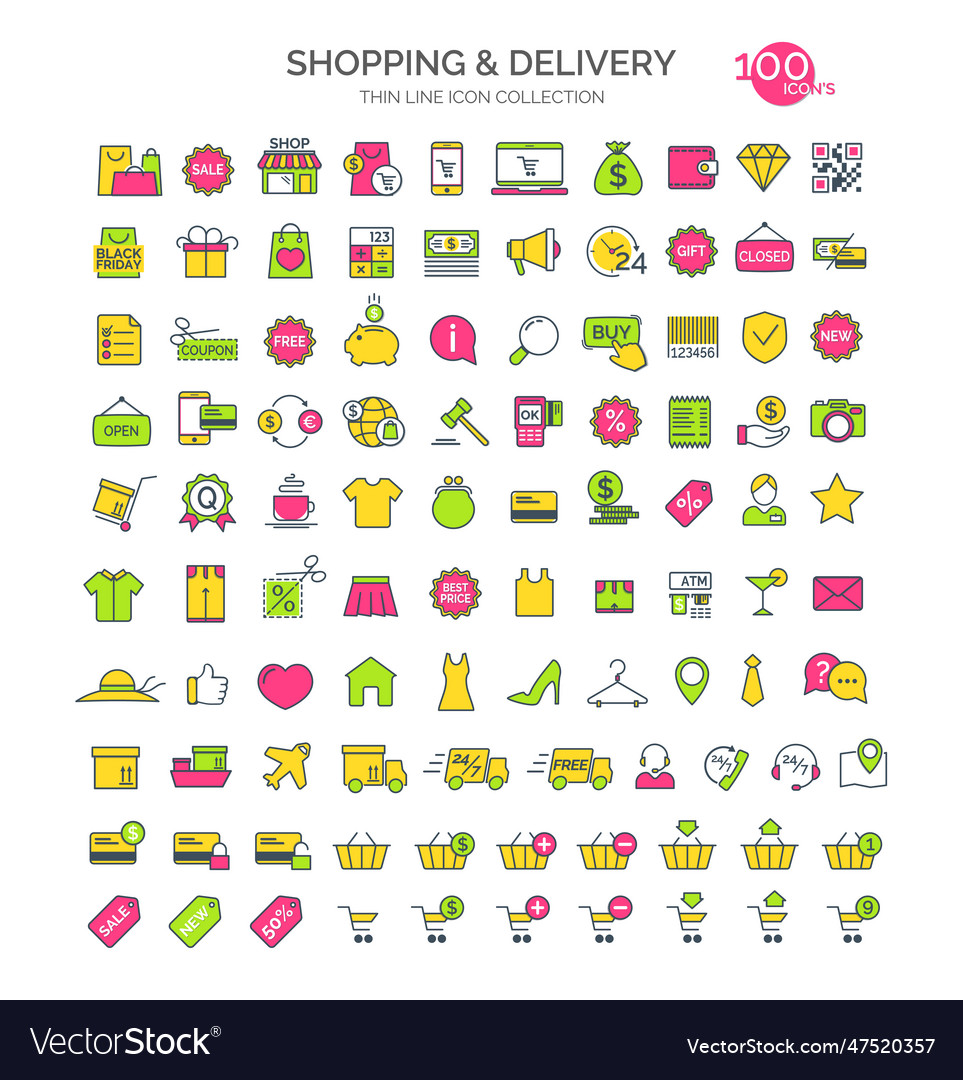 Set of shopping and delivery icons thin line color Set of shopping and delivery icons thin line color