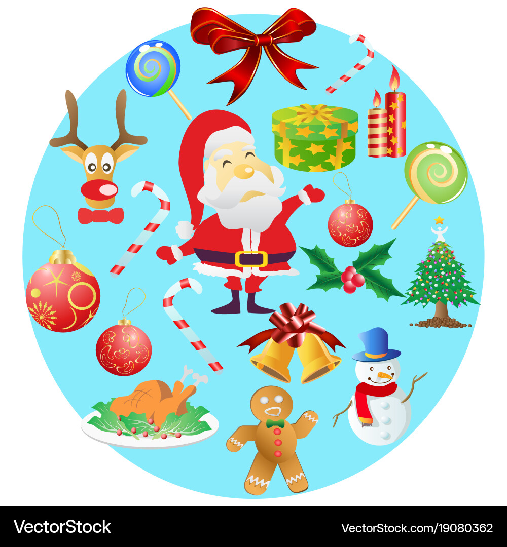 Christmas symbols in round circle Royalty Free Vector Image