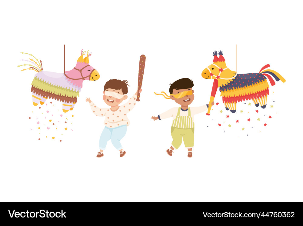 Funny boy striking and hitting pinata hanging Vector Image
