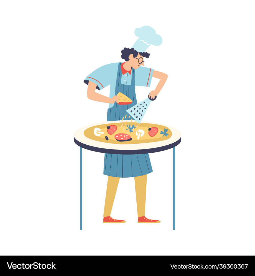 Italian chef cook grating cheese on pizza flat Vector Image