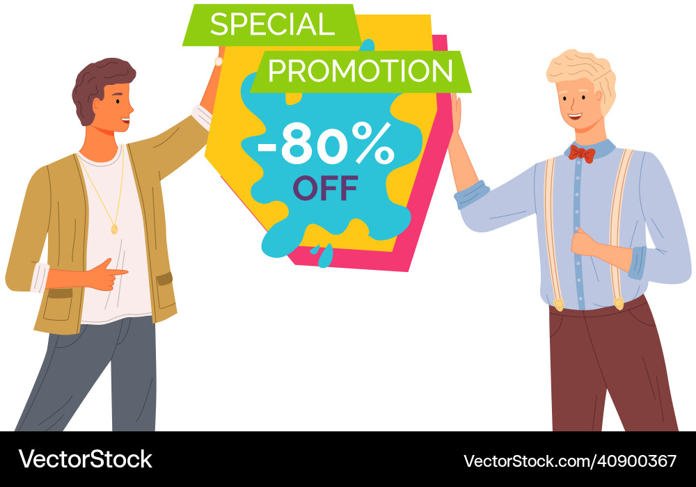 Male characters advertising special proposition Vector Image