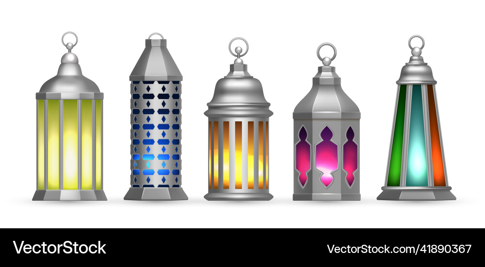 Realistic silver arab lamps colorful oriental Vector Image