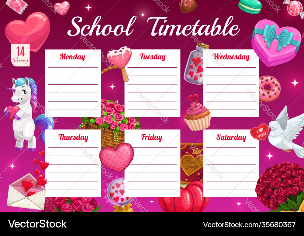 Saint valentine day kids school timetable template