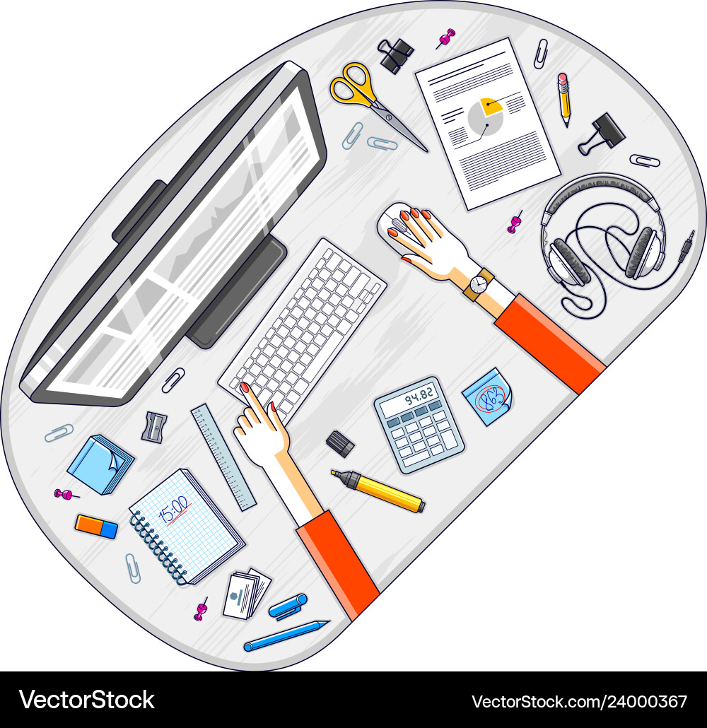 Work desk workspace top view with hands of office Vector Image