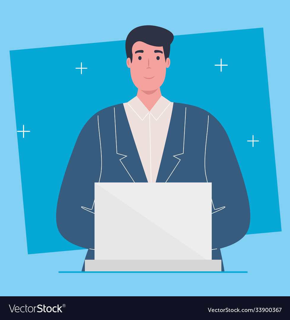 Young man using laptop computer on blue background