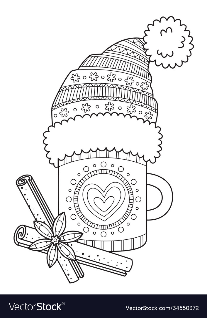 Christmas doodle coloring book page cup with hat Vector Image