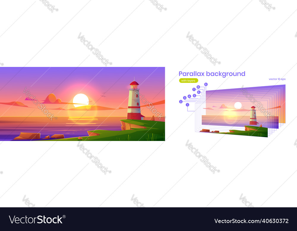 Parallax background lighthouse at beautiful sunset