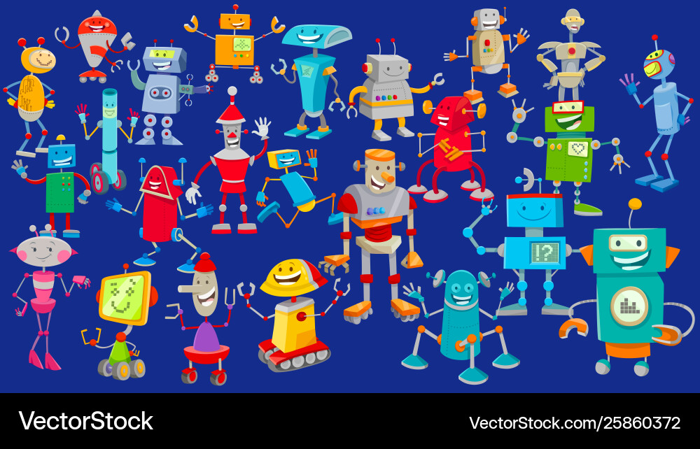 Robots cartoon characters huge group Royalty Free Vector