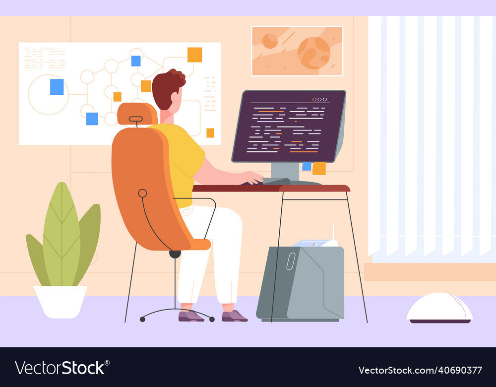 Online programmer career man at computer desk Vector Image