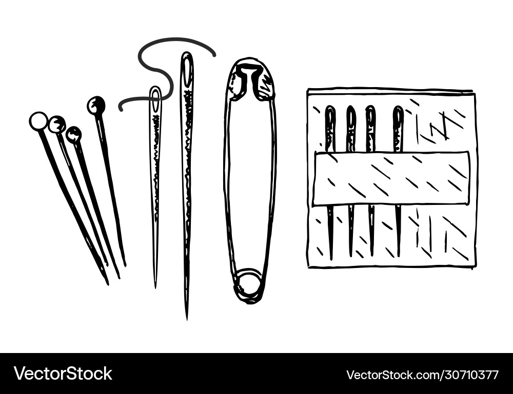 Sewing needles and pins sketch black Royalty Free Vector