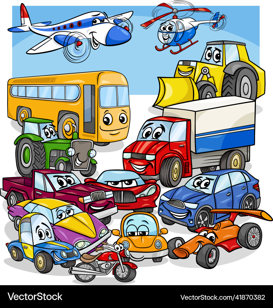 Car and vehicles cartoon characters group Vector Image
