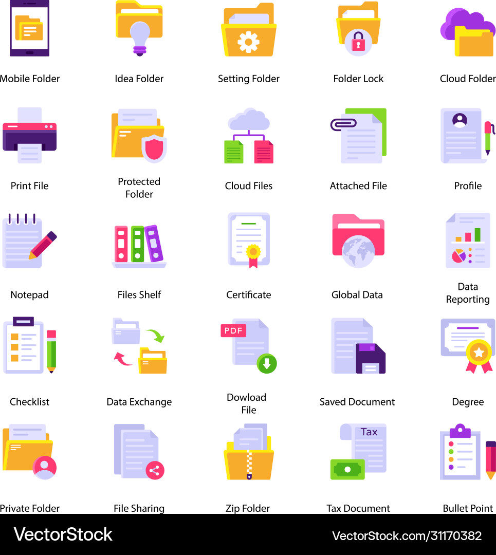 Files folders and certificates flat icons pack Vector Image
