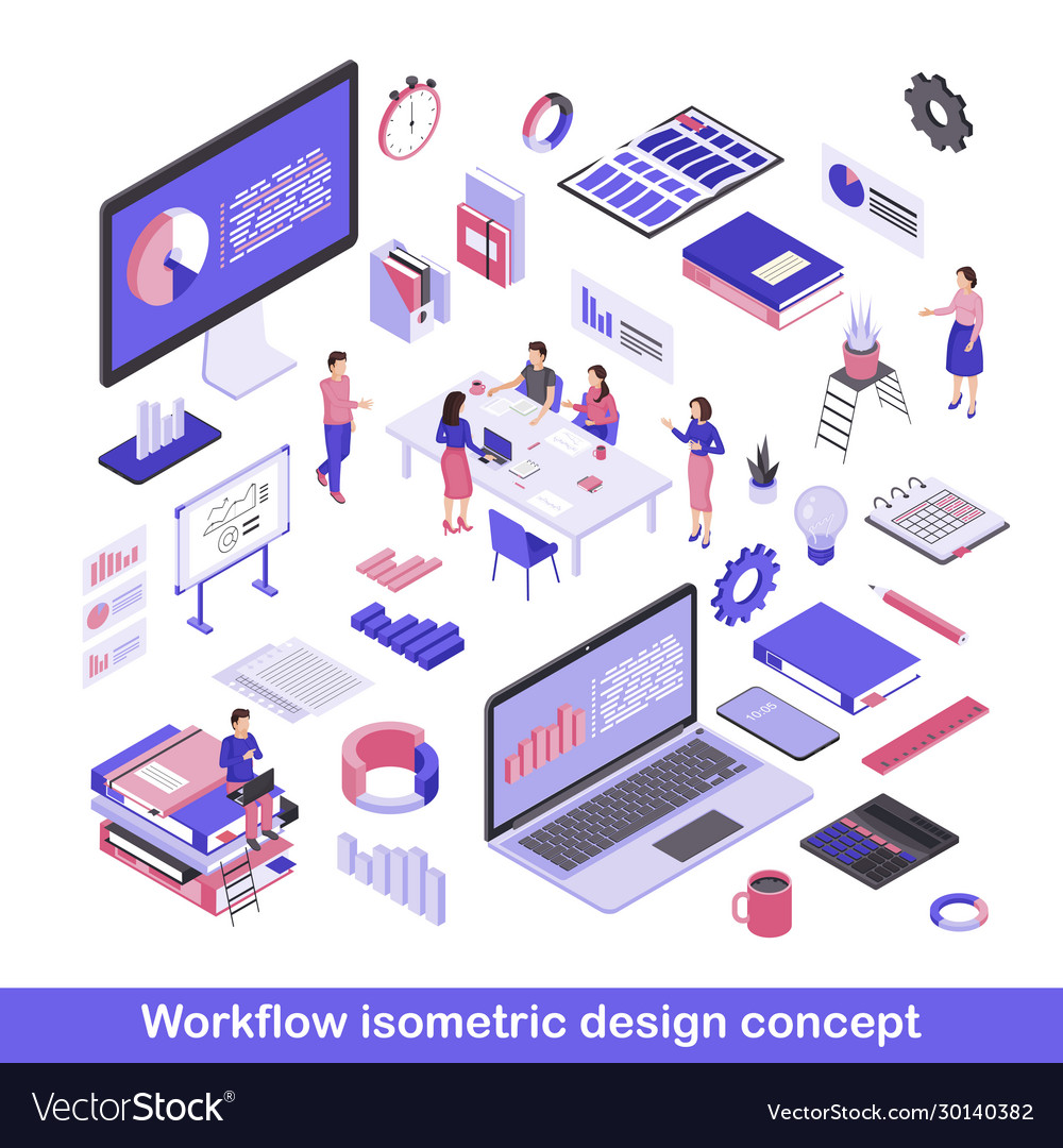 Workflow isometric set working process Royalty Free Vector