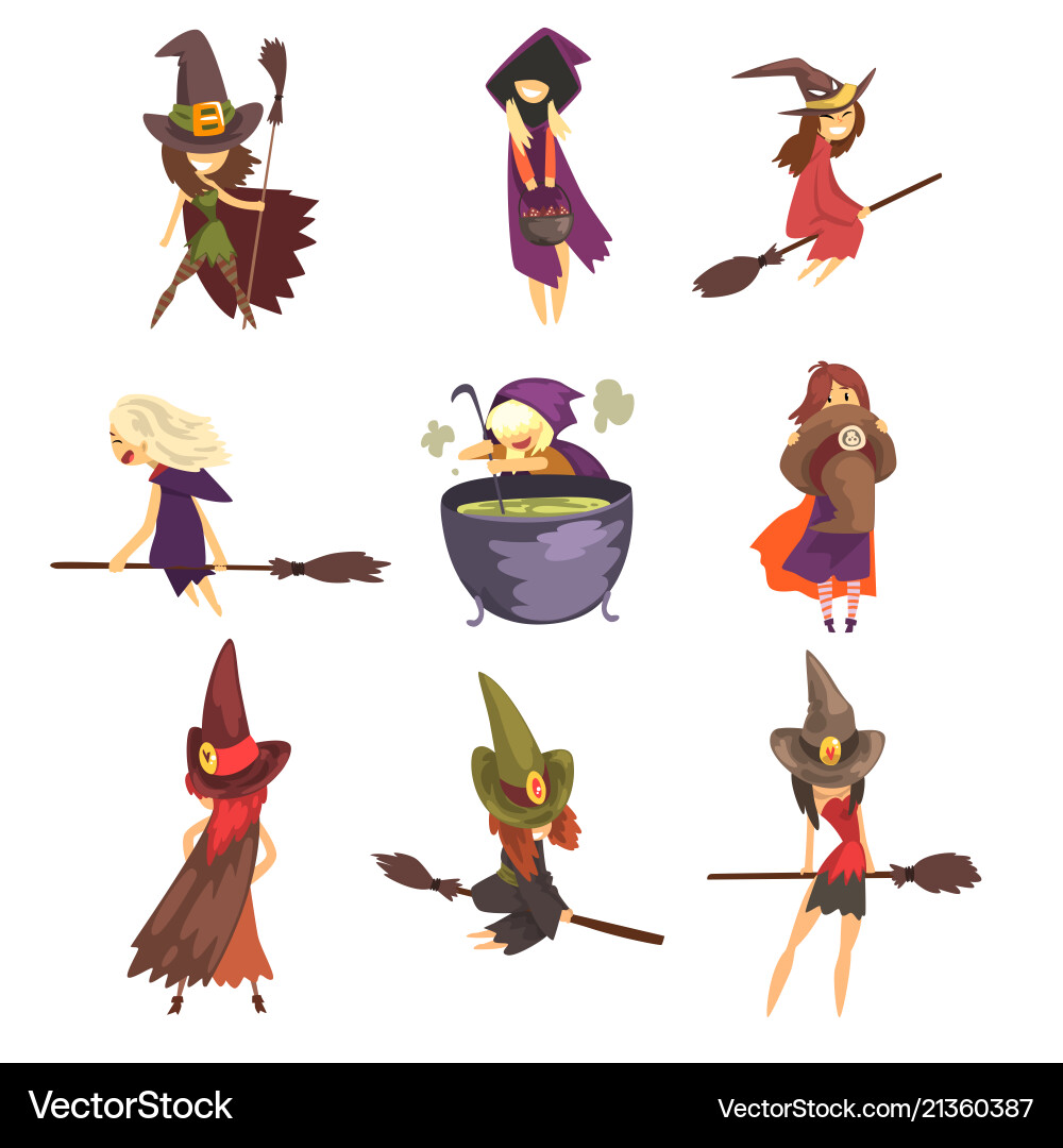 Flat set of young witches in different Royalty Free Vector