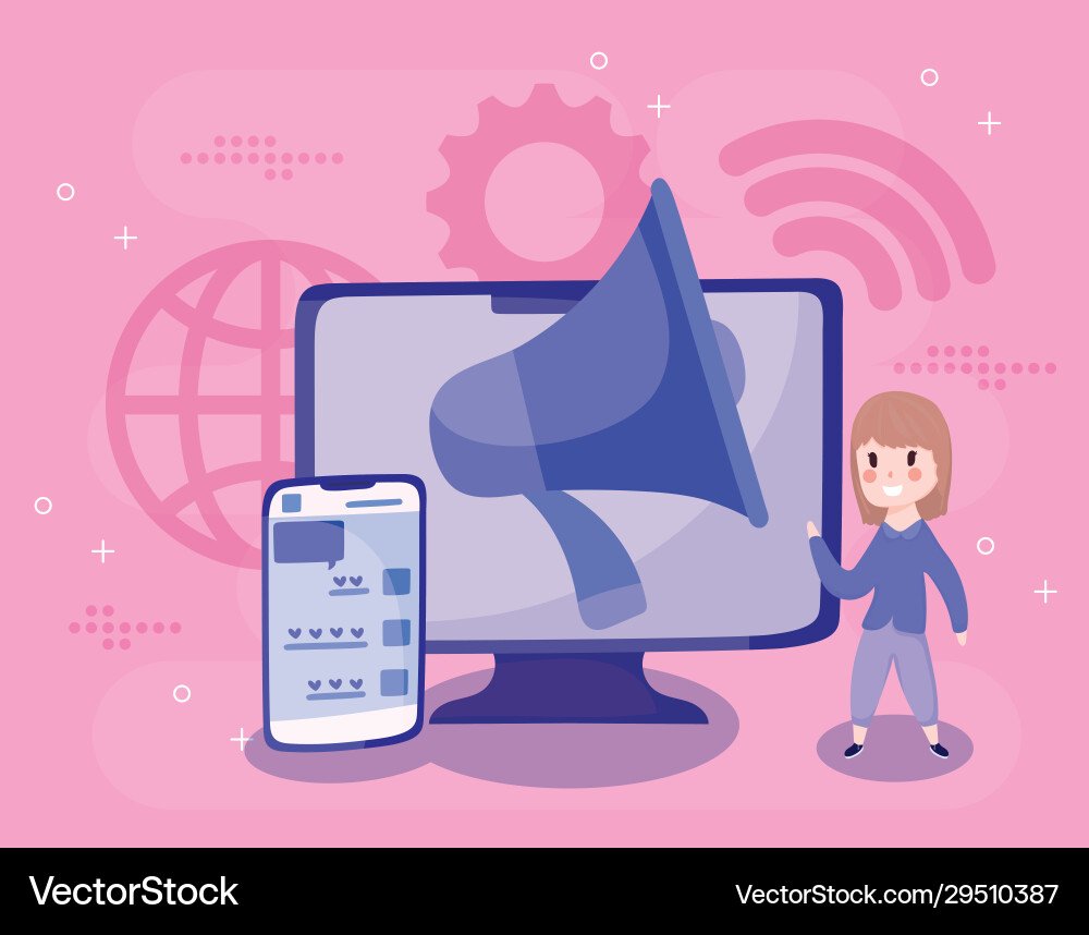 Girl cartoon with computer and smartphone Vector Image