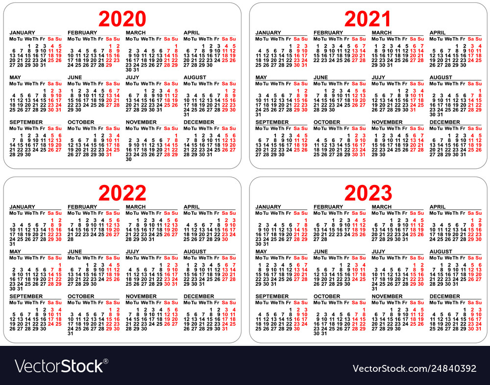 2020 2021 2022 2023 Years Set Pocket Calendar Vector Image