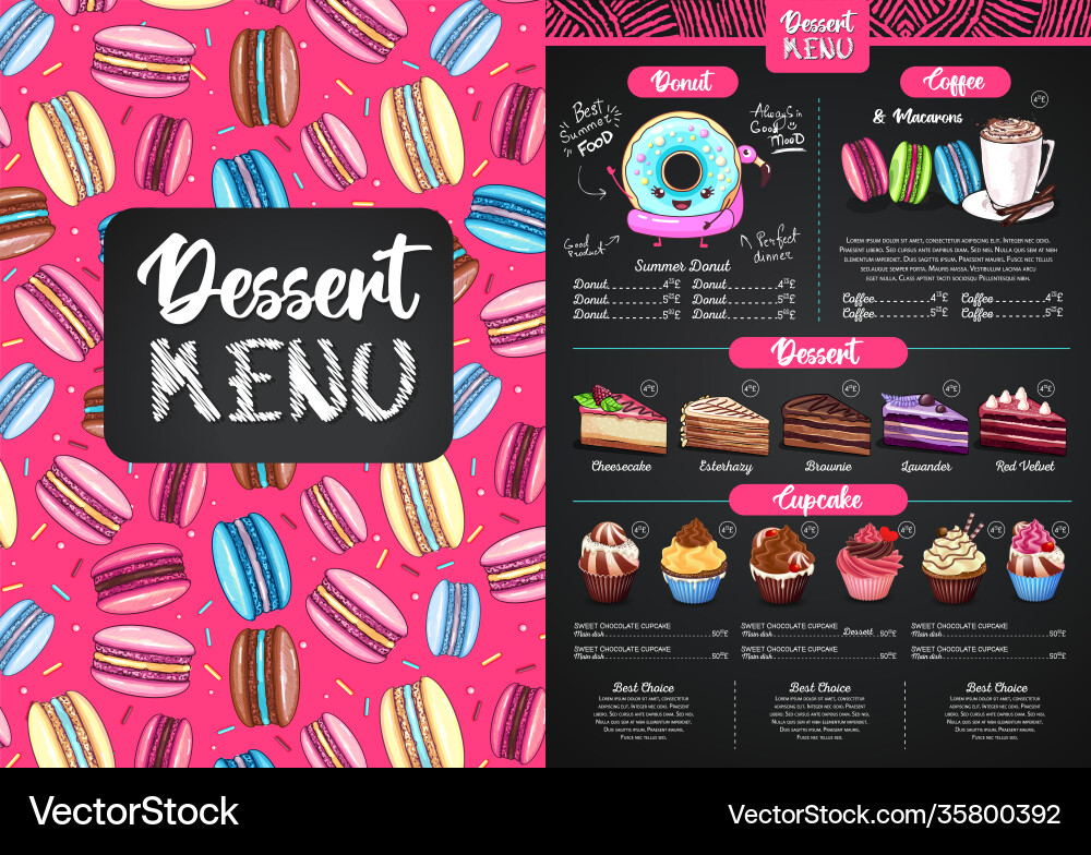 Dessert menu design with sweet macaroons and cakes