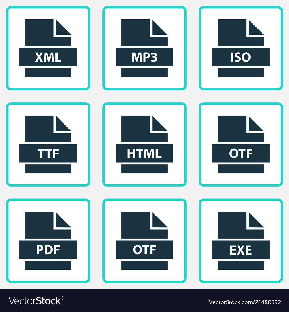 File icons set with ttf exe iso and other xml Vector Image