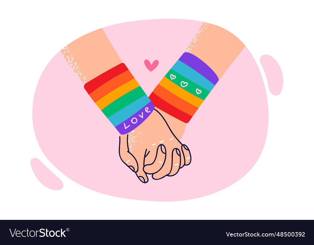 Hands of lgbt lovers in rainbow bracelets Vector Image