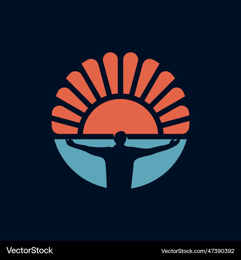 Man raising both hands logo in a orange sunset Vector Image