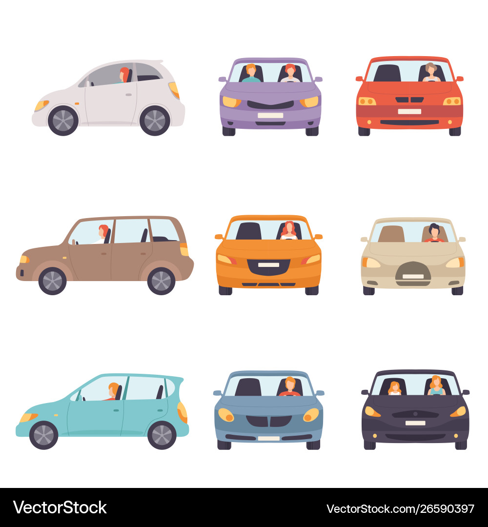 Cars with drivers set side and front view Vector Image