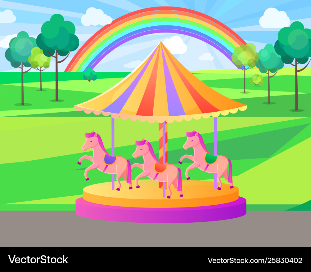Amusement park carousel with rainbow nature Vector Image
