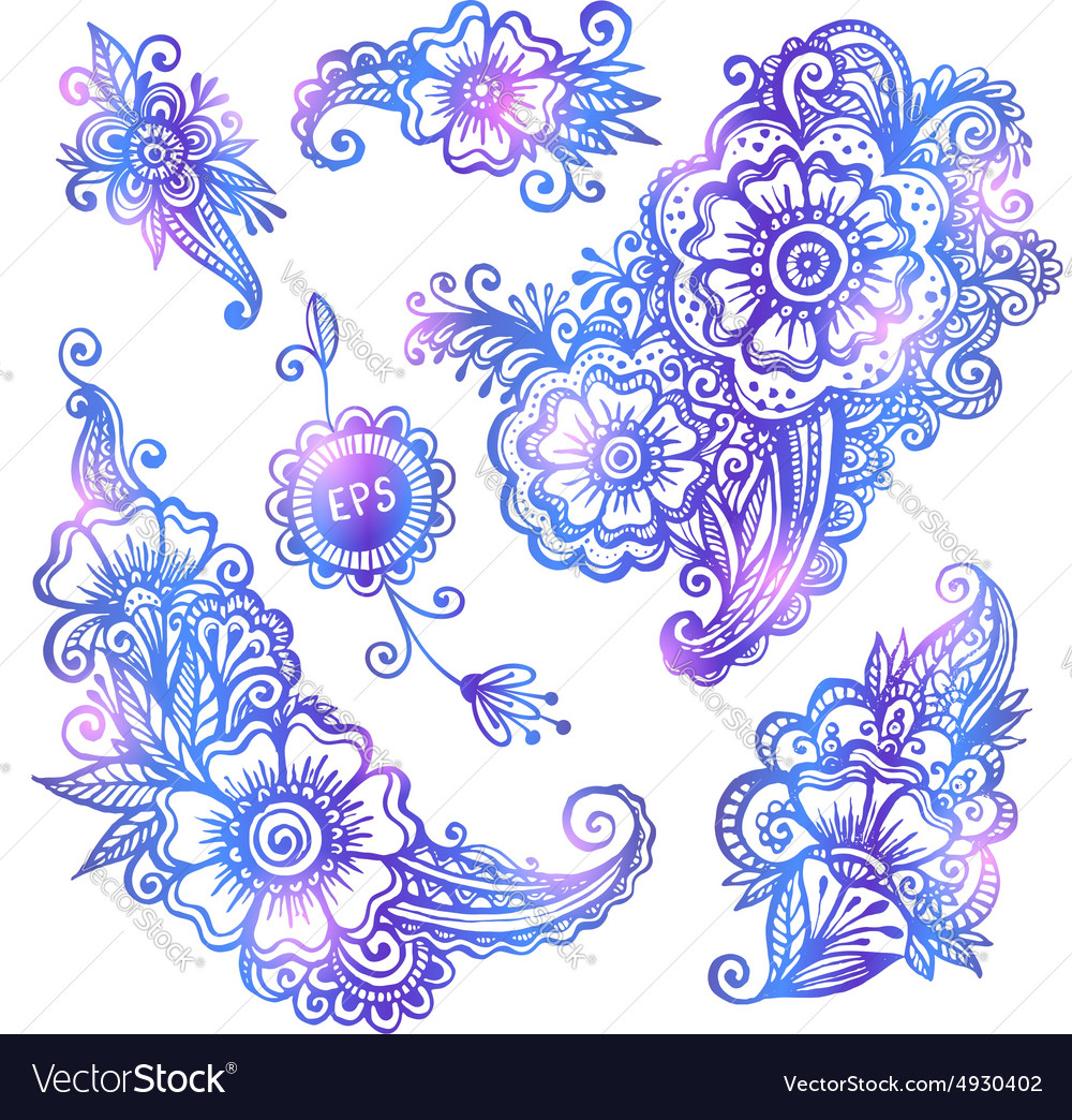 Blue hand-drawn flowers set Royalty Free Vector Image