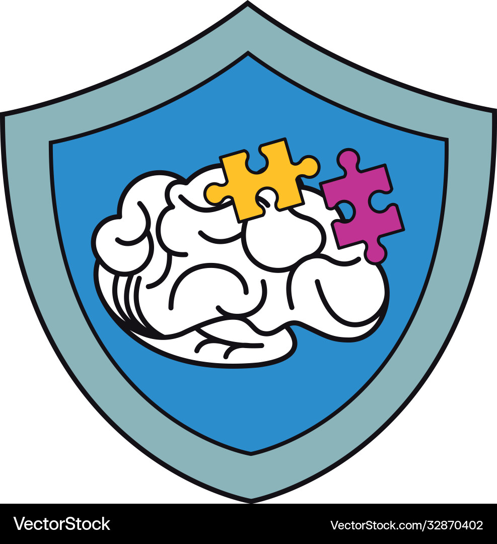 Brain human organ with puzzle pieces in shield Vector Image