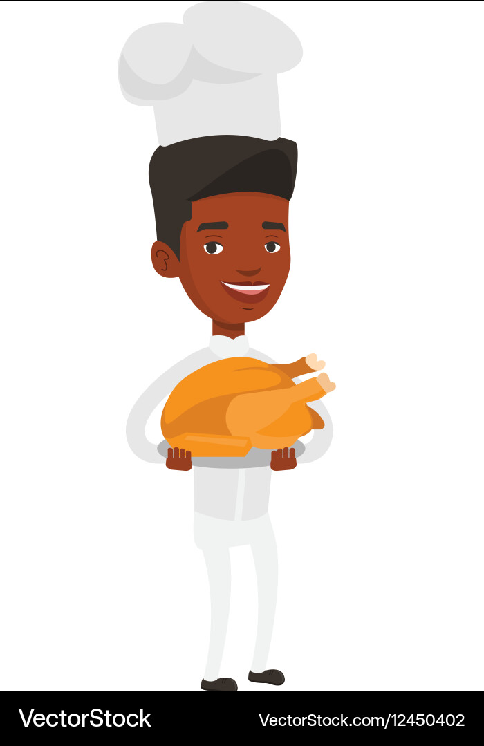 Chief cooker holding roasted chicken Royalty Free Vector