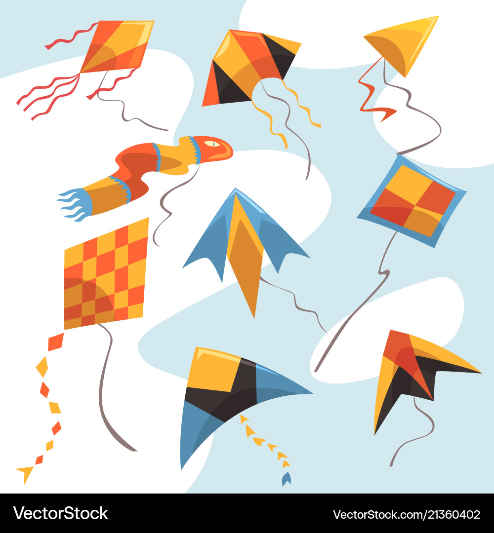 Flat set of bright-colored kites flying Royalty Free Vector