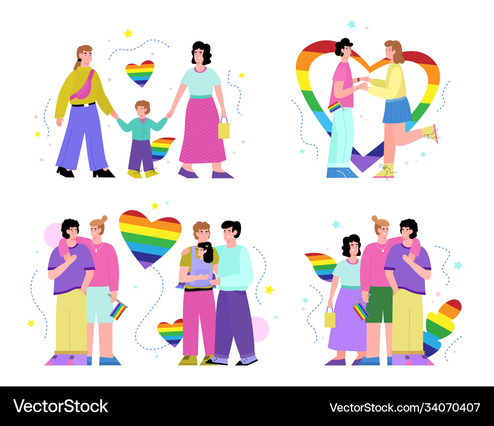 Lgbt couples with rainbow symbols set flat Vector Image