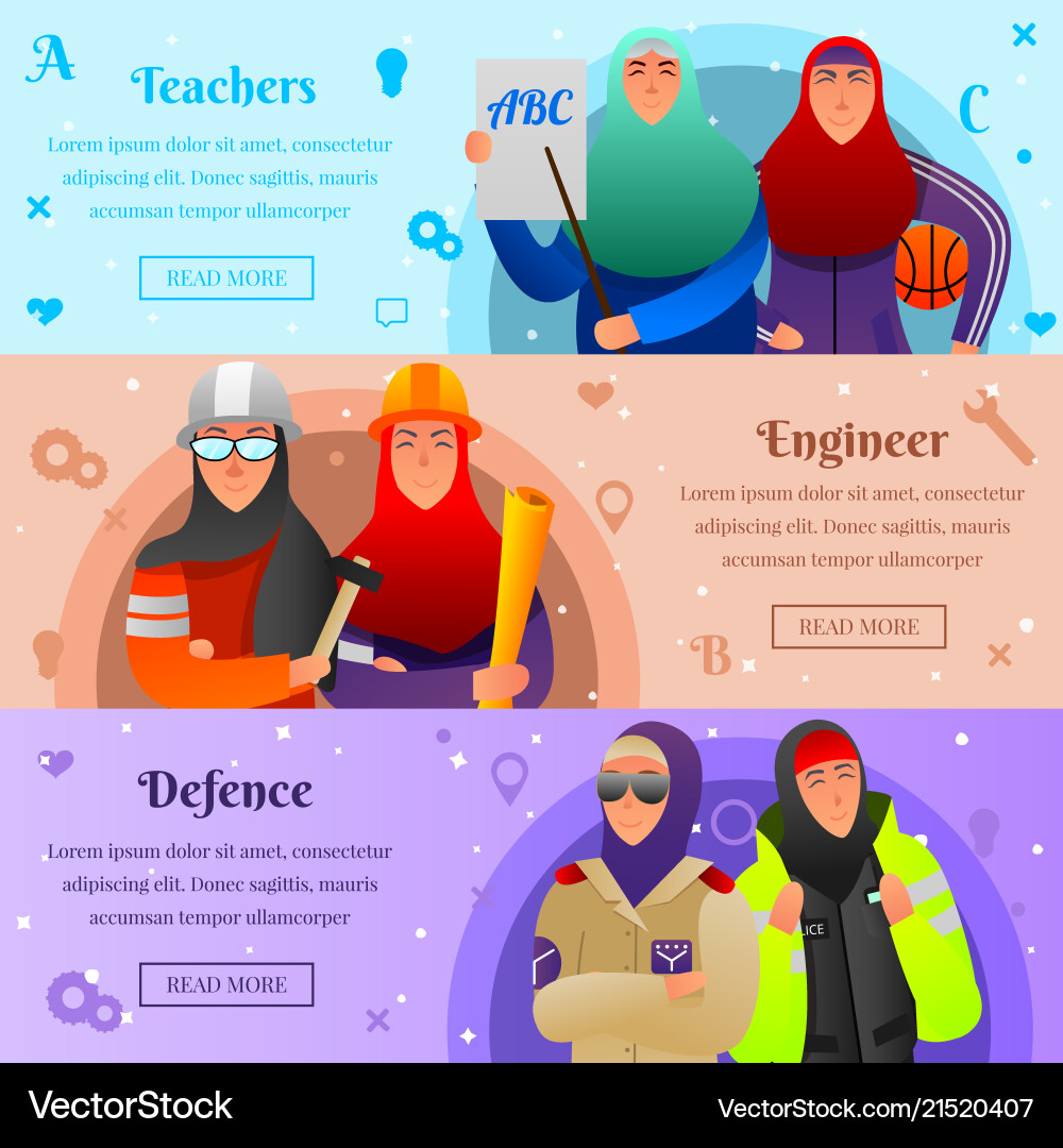 Muslim women professions flat banners Royalty Free Vector