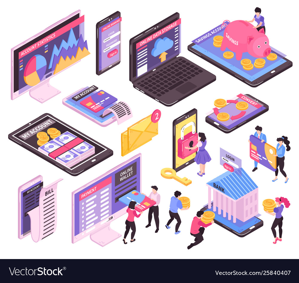 Online banking isometric set Royalty Free Vector Image