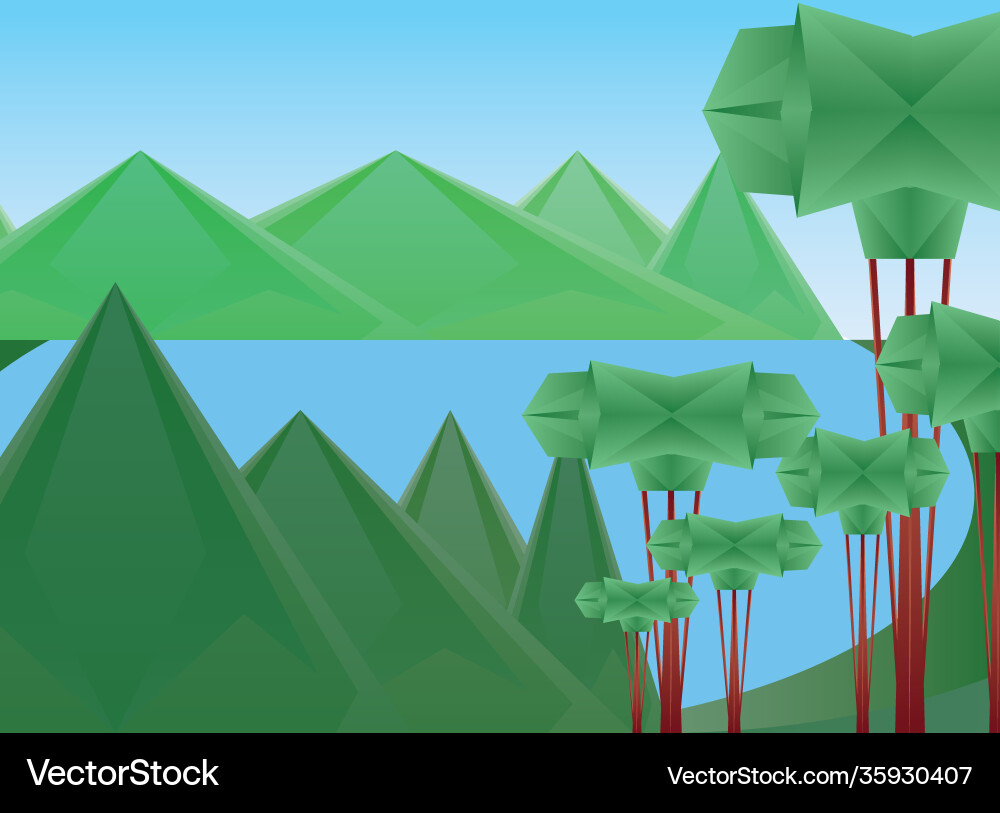 Polygonal landscape trees lake and mountains Vector Image