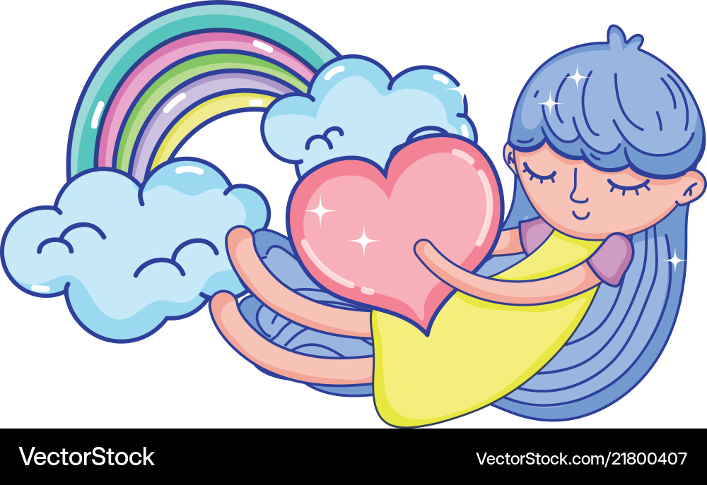 Sleeping girl with heart and rainbow clouds Vector Image