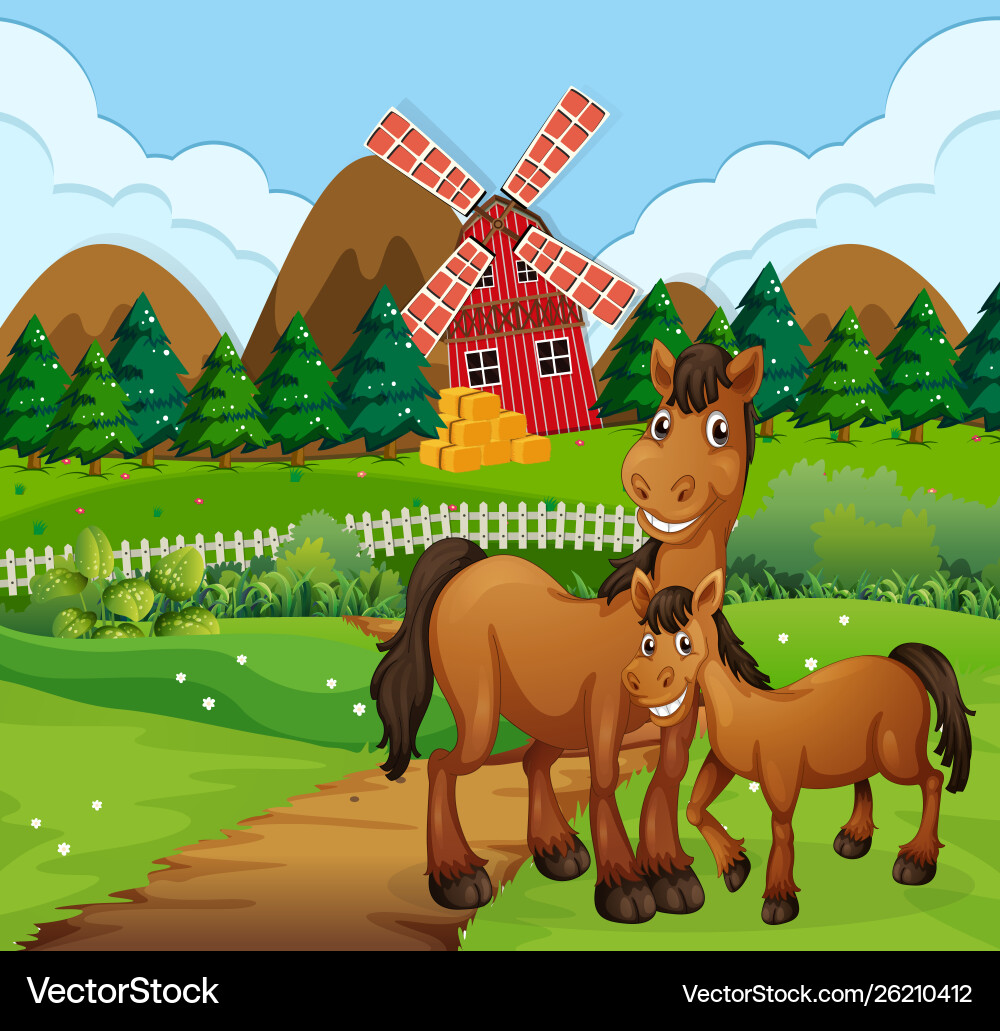 Horses in farm scene Royalty Free Vector Image