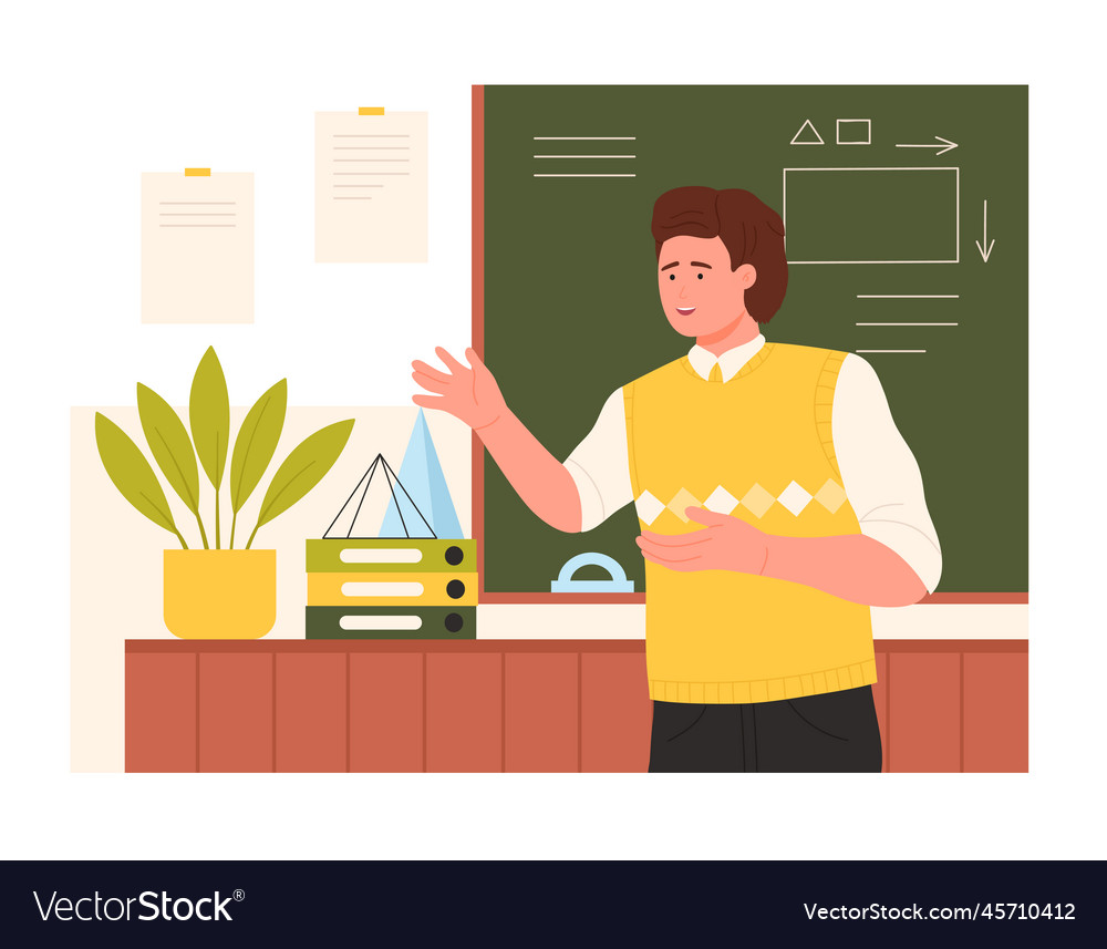 Male teacher standing at blackboard to explain Vector Image